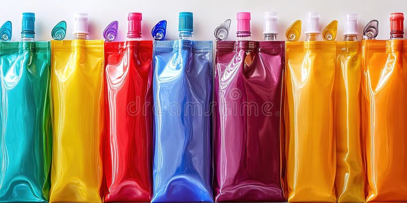 Colorful Squeeze Pouches Lined Up in a Row Showcasing Various Vibrant ...
