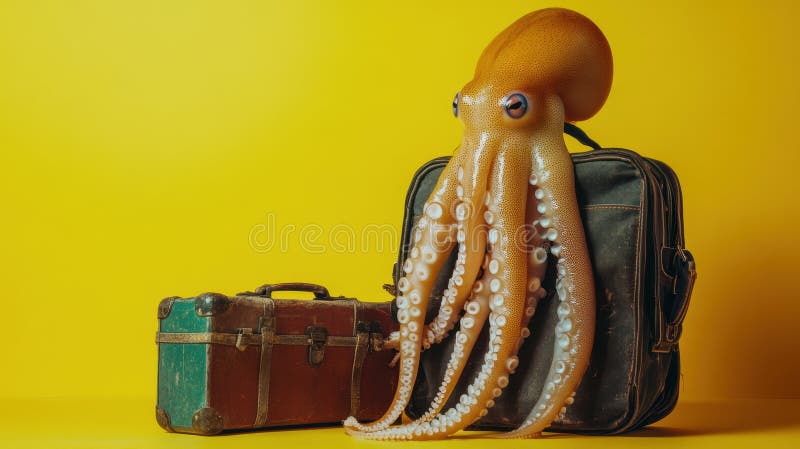 Colorful Squid with a Tiny Suitcase on a Yellow Background Stock ...