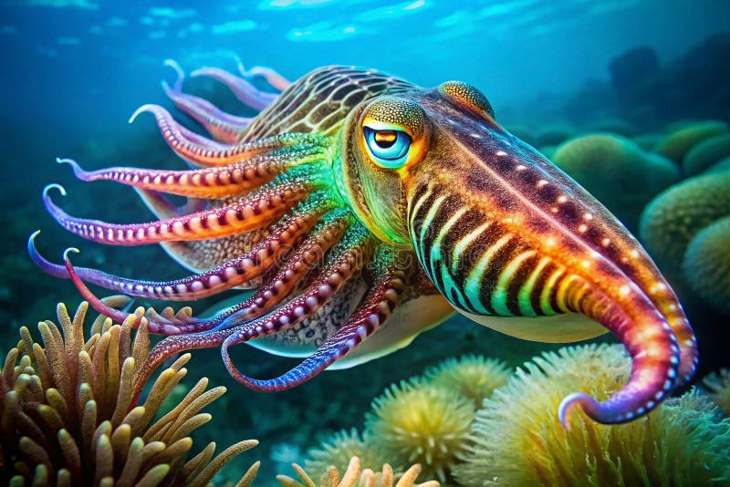 Colorful Squid Underwater Coral Reef Scene Stock Illustration ...