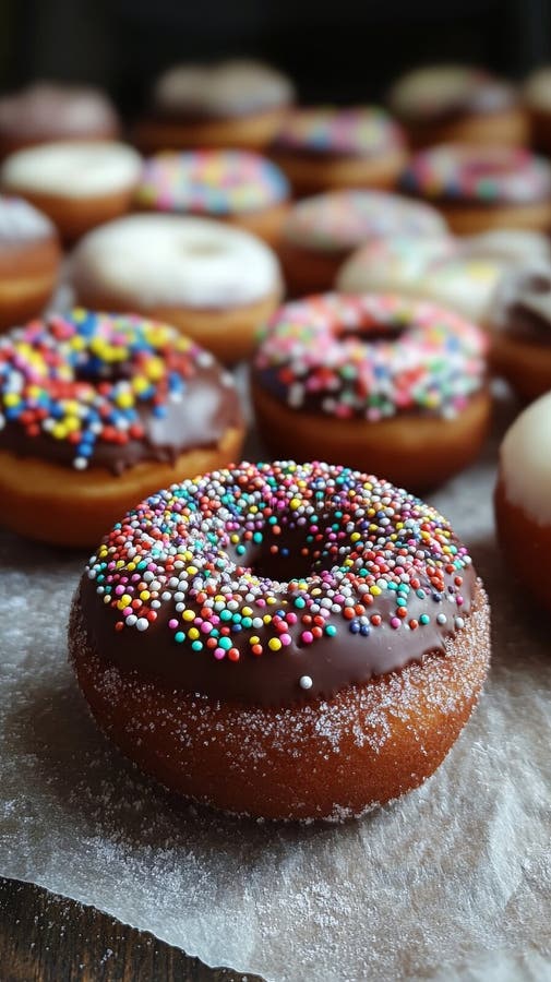 A Colorful Stack of Assorted Donuts with Sprinkles and Powdered Sugar ...