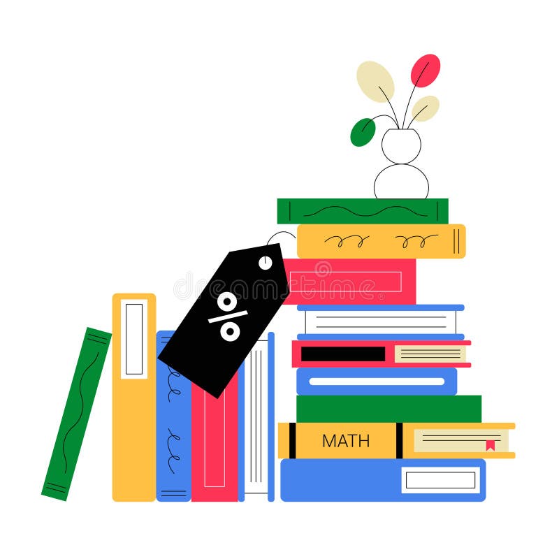Stack of Books with a Percentage Discount Tag in Flat Vector ...