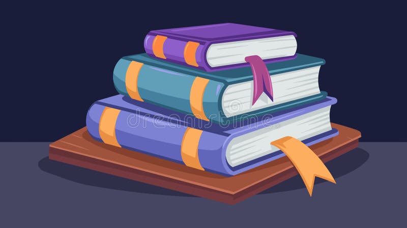 Colorful Stack of Books with Bookmarks on a Wooden Platter Stock Vector ...