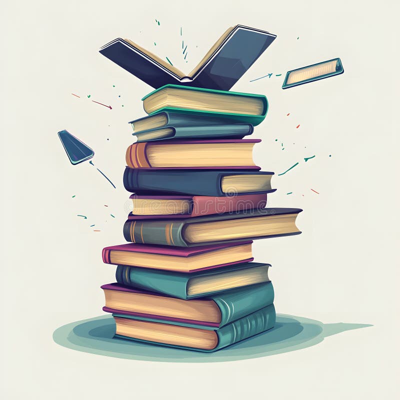 Colorful Stack of Books with a Flying Open Book, Pixel Art Illustration ...
