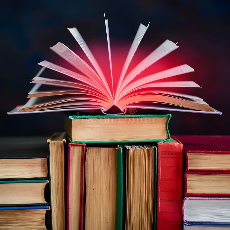 Colorful Stack of Books with Open Book Emitting Warm Light, Inviting ...