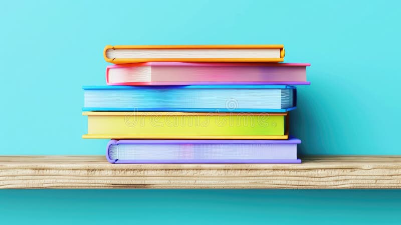 Colorful Stack of Books on a Wooden Shelf Against a Blue Background ...