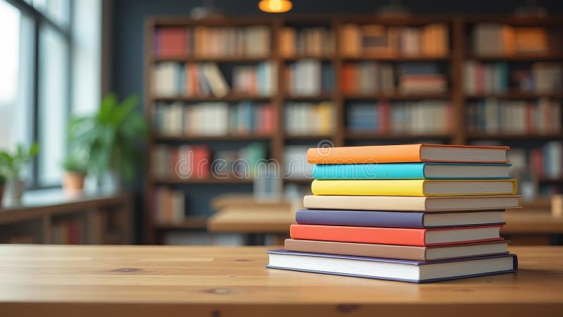 Colorful Stack of Books on Wooden Table in Modern Library Stock Photo ...