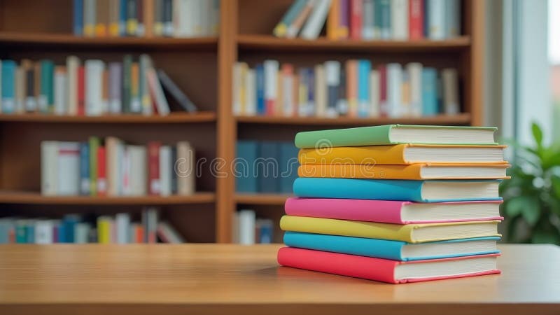 Colorful Stack of Books on Wooden Table in Modern Library Stock Image ...
