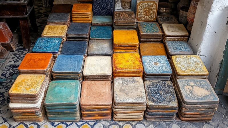 Colorful Stack of Ceramic Tiles in Moroccan Market Stock Illustration ...