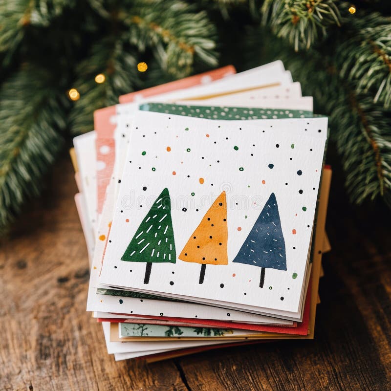 Colorful Stack of Christmas Cards Featuring Festive Tree Designs Placed ...