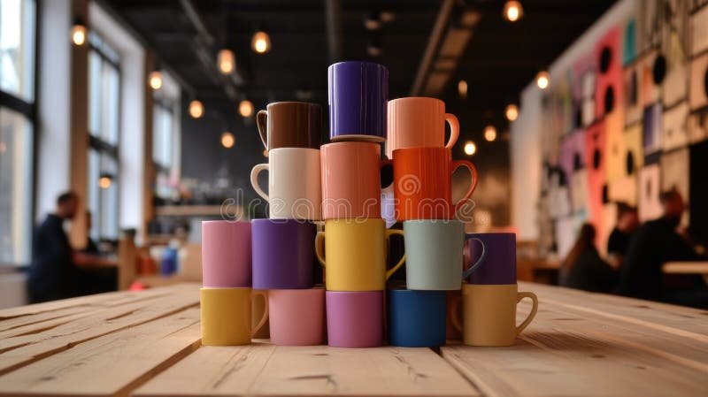 Colorful Stack of Coffee Mugs on Wooden Table in Modern Cafe Interior ...