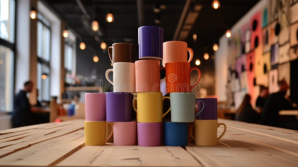 Colorful Stack of Coffee Mugs on Wooden Table in Modern Cafe Interior Stock Photo - Image of ...