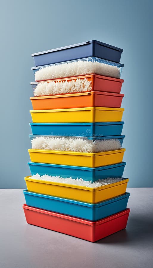Colorful Stack of Containers Filled with Rice Against a Minimalist ...