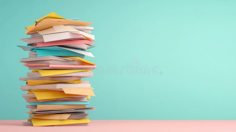 Colorful Stack of Files on a Pastel Pink Table Against a Teal ...