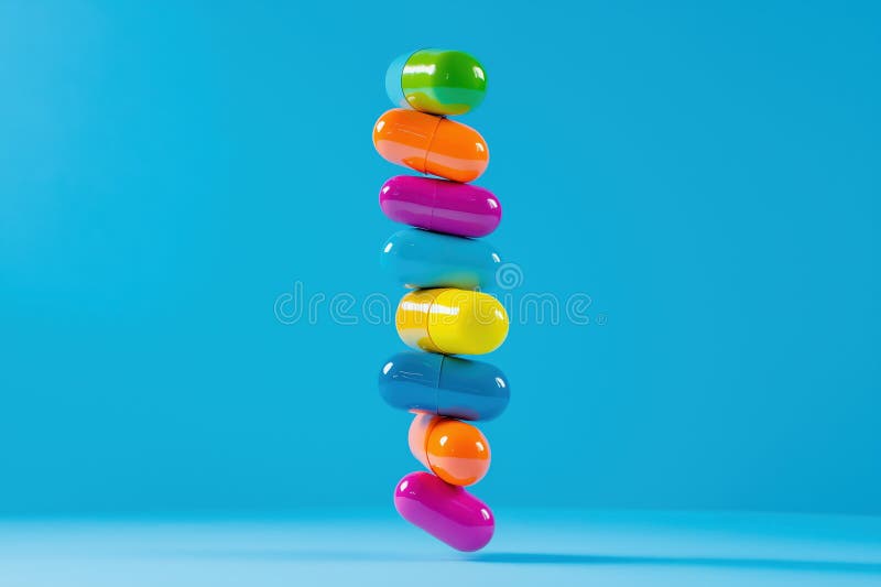 Colorful Stack of Floating Capsules Against a Blue Background Stock ...
