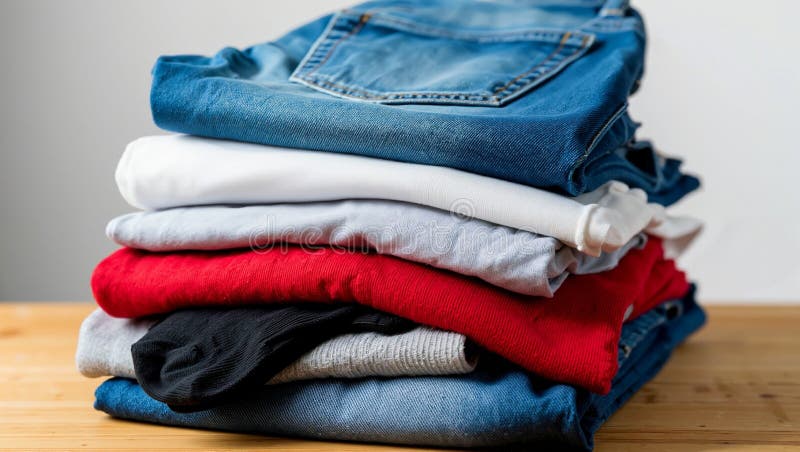Colorful Stack of Folded Jeans and Socks on Wooden Surface ...