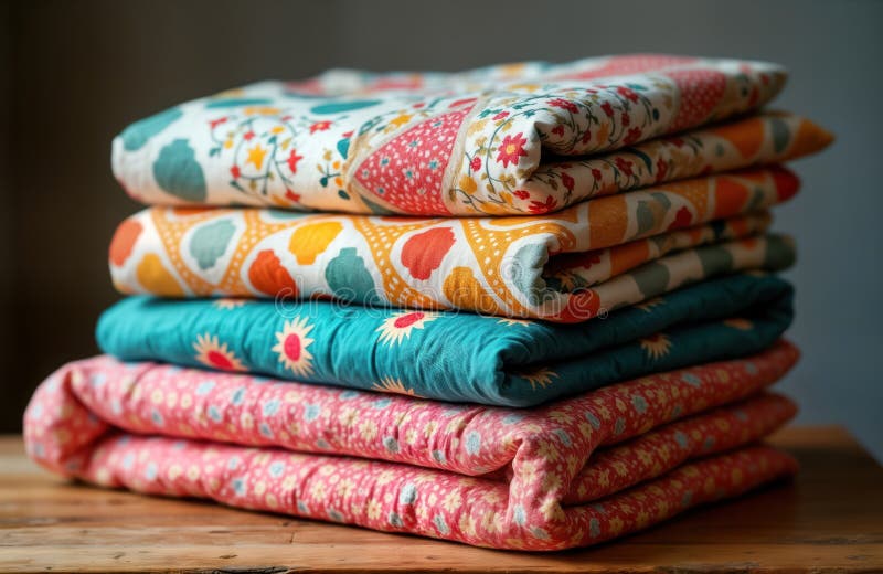Colorful Stack of Folded Quilts. Generative AI Created Textiles with ...