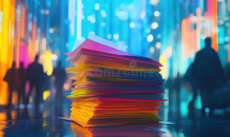Colorful Stack of Papers in Vibrant Urban Setting with Blurred ...