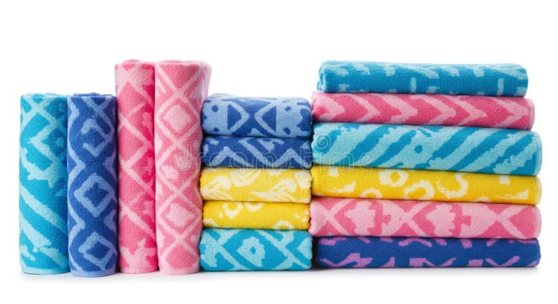 Colorful Stack of Patterned Bath Towels on White Background Stock ...