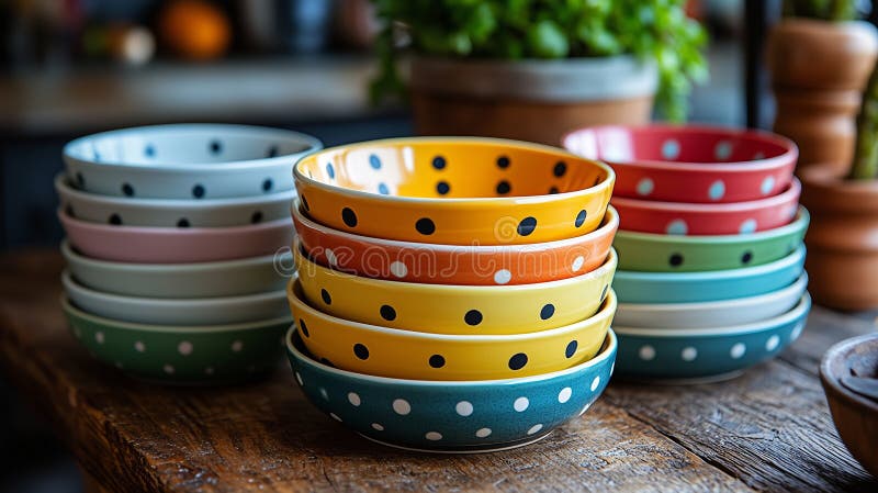 Colorful Stack of Playful Plates with Polka Dots in a Bright Kitchen ...
