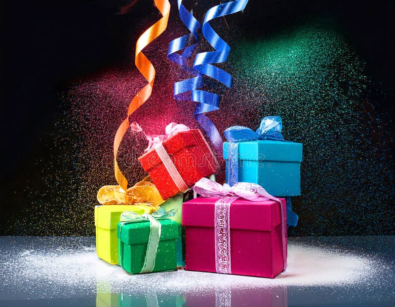 A Colorful Stack of Presents with Ribbons and a Streamer Stock ...
