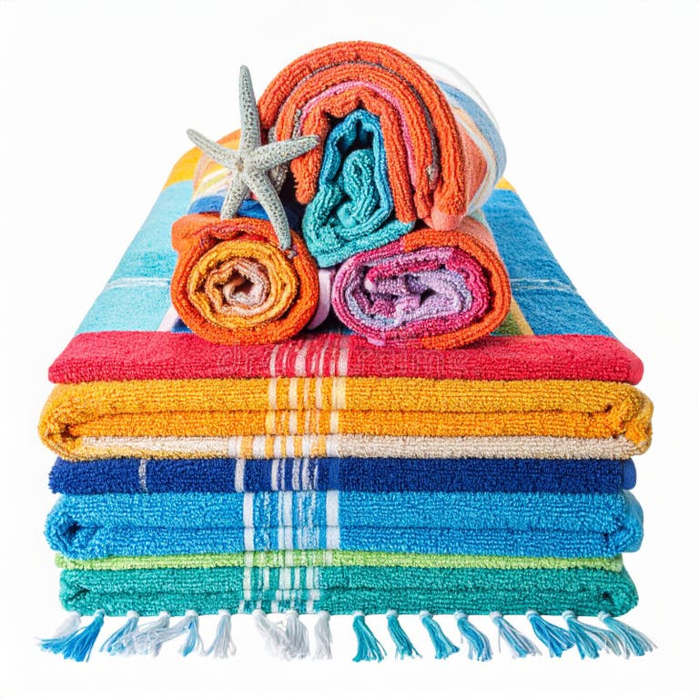 Colorful Stack of Rolled Beach Towels with Starfish Stock Illustration ...