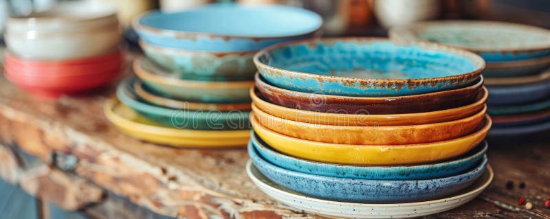 Colorful Stack of Rustic Ceramic Plates on Wooden Table, Close-up ...