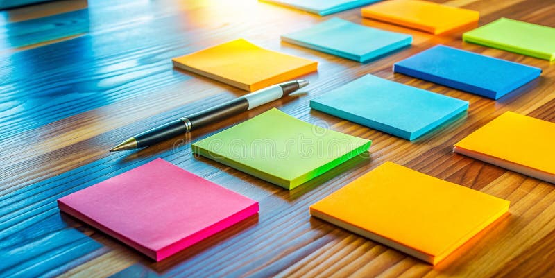 A Colorful Stack of Sticky Notes Sits on a Wooden Table Next To a Pen ...