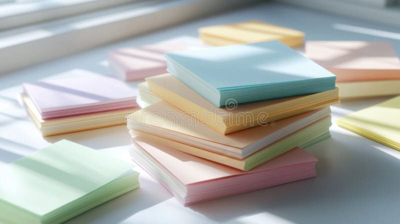 Colorful Stack of Sticky Notes Spread Out on a White Desk during a ...