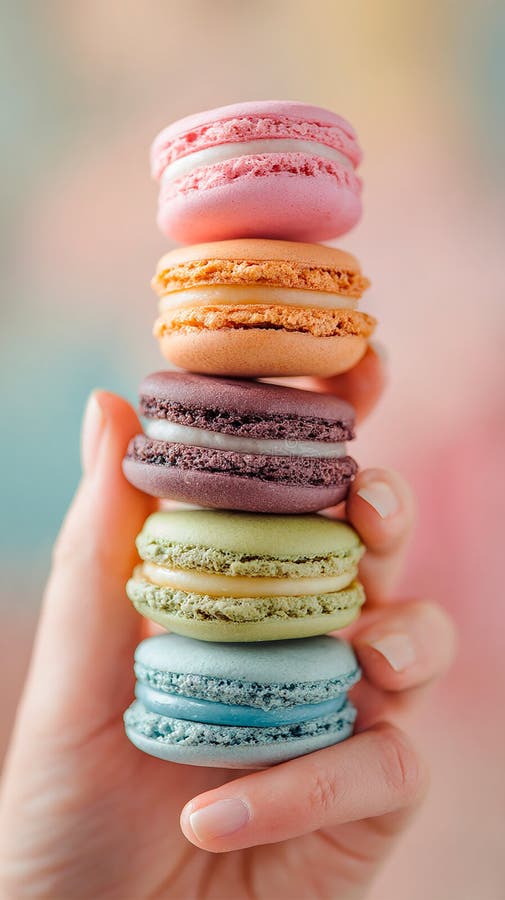 A Colorful Stack of Sweet Macarons Held in a Hand Against a Pastel ...