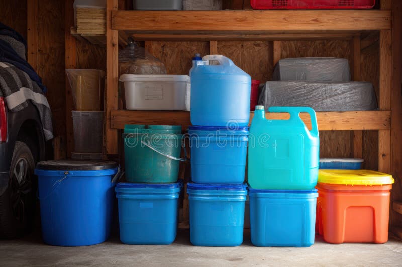 Stack of Unlabeled Containers Arranged Neatly in a Garage Space with ...