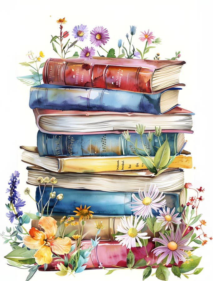 A Colorful Stack of Vintage Books Adorned with an Array of Wildflowers ...
