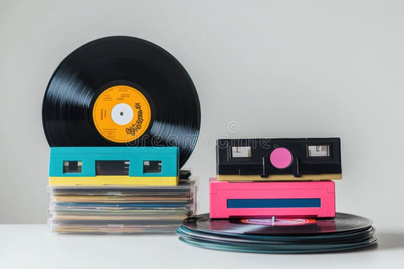 Colorful Stack of Vinyl Records and Retro Cassettes Showcasing Unique K ...
