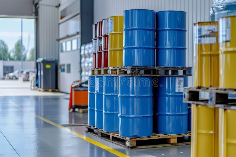 Colorful Stacked Barrels on Pallets in a Warehouse Setting with ...