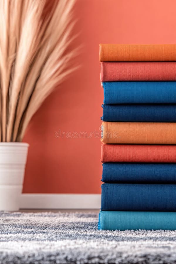 Colorful Stacked Books with Pampas Grass and Orange Wall Background ...