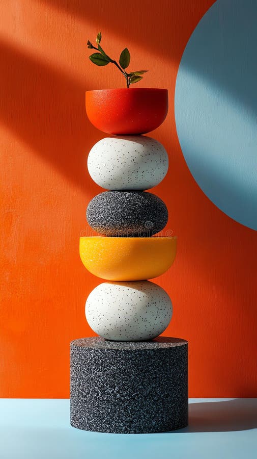 Colorful Stacked Bowls and Pebbles with a Plant, Creating a Vibrant Design Composition Stock ...
