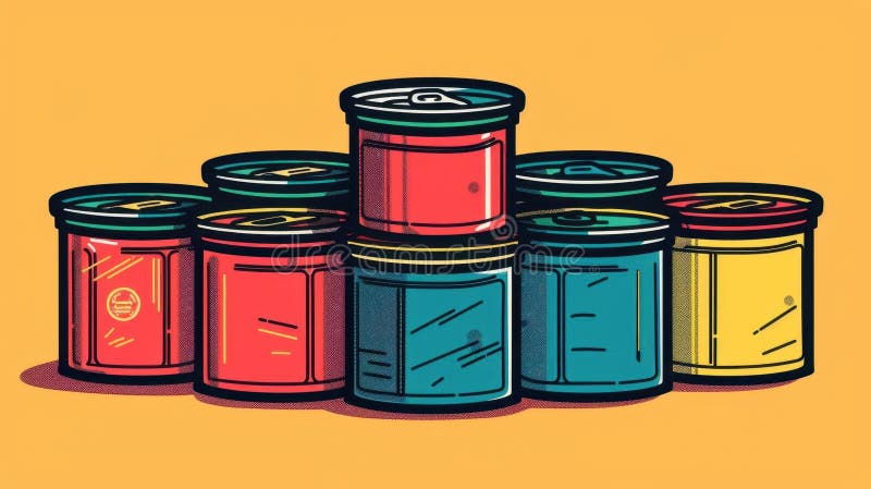 Colorful Stacked Cans with Yellow Background Stock Illustration ...