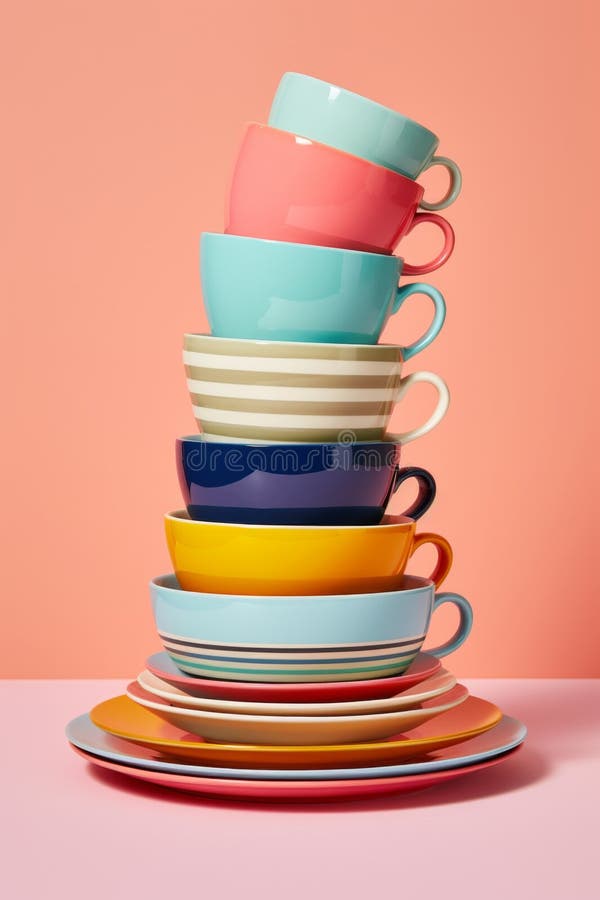 Colorful Stacked Ceramic Cups and Plates on Pink Background Stock ...