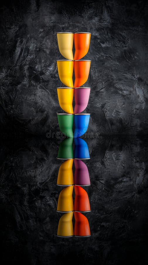 Colorful Stacked Cups on a Reflective Surface in an Artistic ...