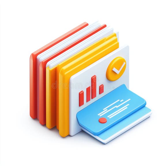 Colorful 3D Stacked Files with Checklist and Graph Icon Stock ...