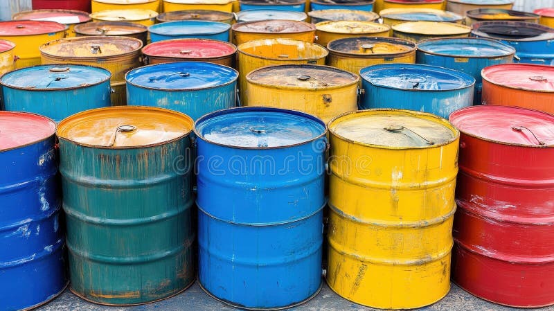 Colorful Stacked Drums Vibrant Array of Industrial Containers Hazardous ...
