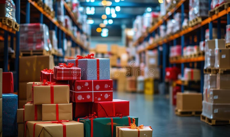 Colorful Stacked Gift Boxes in Busy Warehouse Filled with Holiday ...