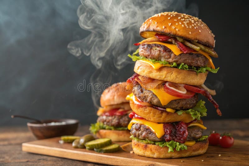Colorful Stacked Gourmet Burger with Smoke Effect - Generated by Ai ...