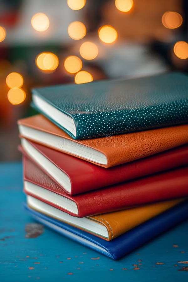 Colorful Stacked Notebooks on Blue Surface with Sparkling Lights in the ...