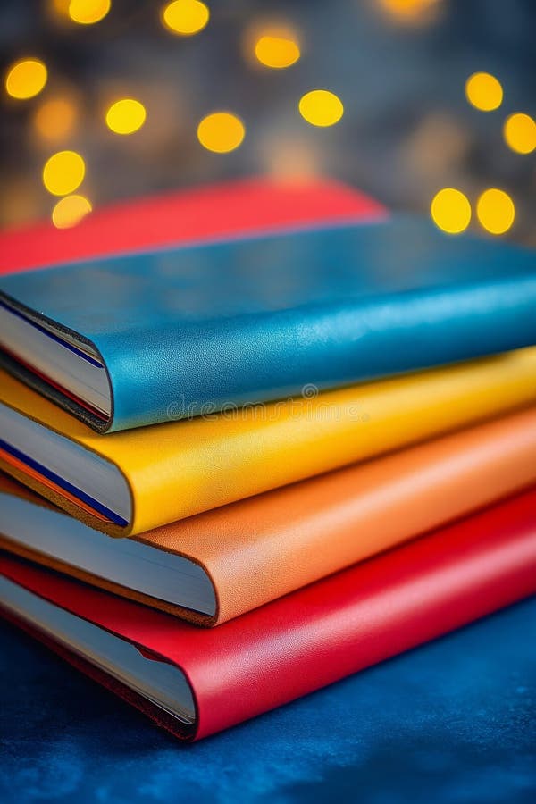 Colorful Stacked Notebooks on Blue Surface with Sparkling Lights in the ...