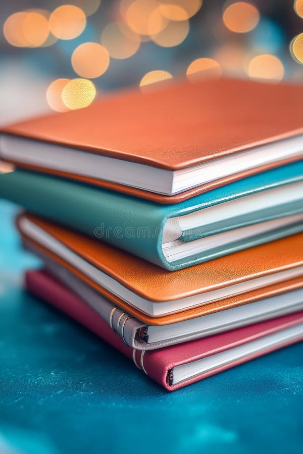 Colorful Stacked Notebooks on Blue Surface with Sparkling Lights in the ...