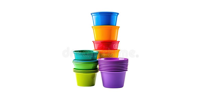 Colorful Stacked Plastic Cups and Bowls. Vibrant Kitchenware for Dining ...