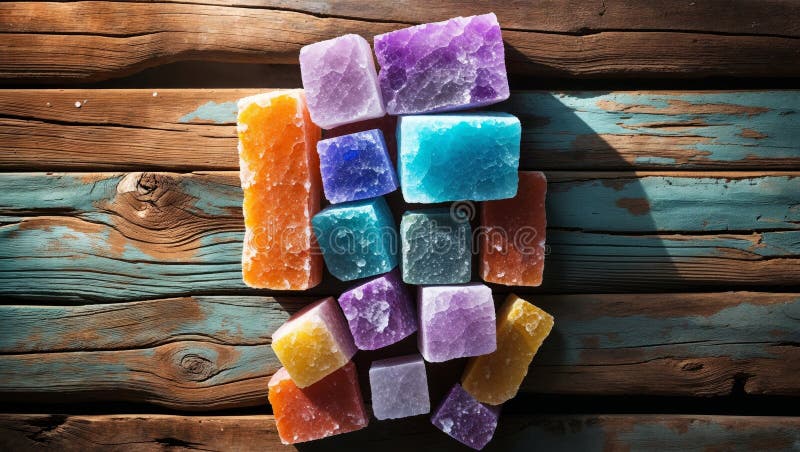 Colorful Stacked Salt Blocks on Rustic Wooden Planks. Stock Image ...