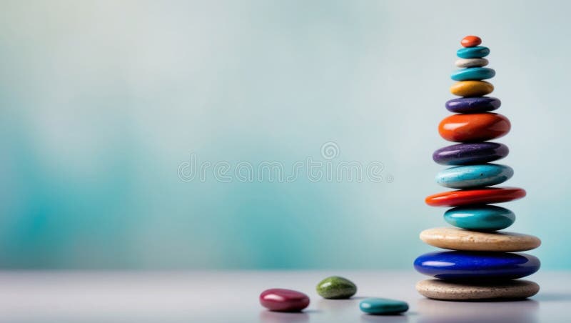 Colorful Stacked Stones on Blue Background. Stock Image - Image of pink ...