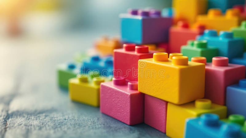 Colorful Stacked Toy Bricks in Sunlit Room Stock Image - Image of room ...