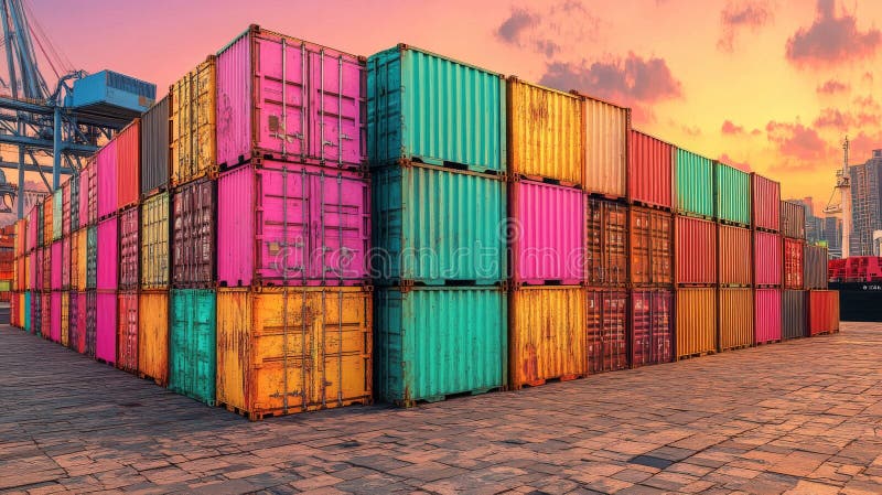 Colorful Stacking Containers Arranged in a Row within an Industrial ...